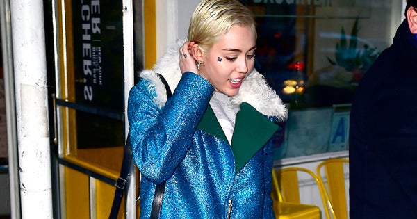 Miley Cyrus Blue Winter Coat Outfit