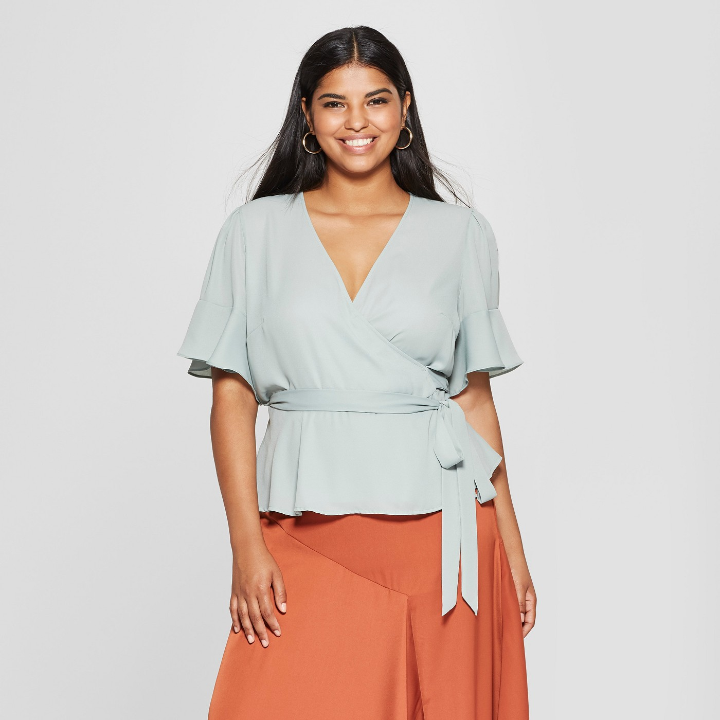 Who What Wear + Plus Size Short Sleeve Ruffle Wrap Top