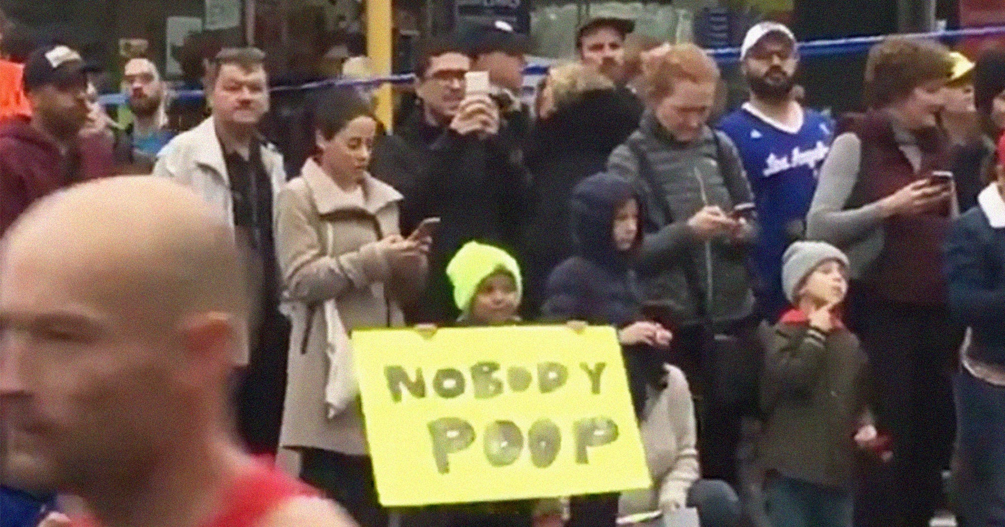 NYC Marathon Nobody Poop Sign Kid Running
