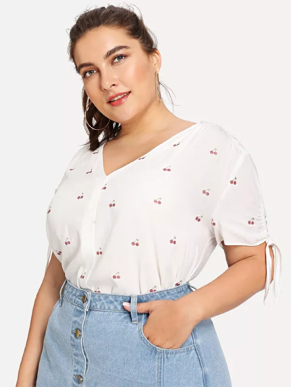 SheIn + Plus Knot Sleeve Cherry Print Top