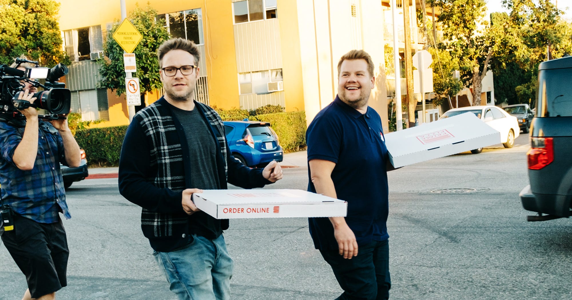 Seth Rogen James Corden Mystery Pizza Box