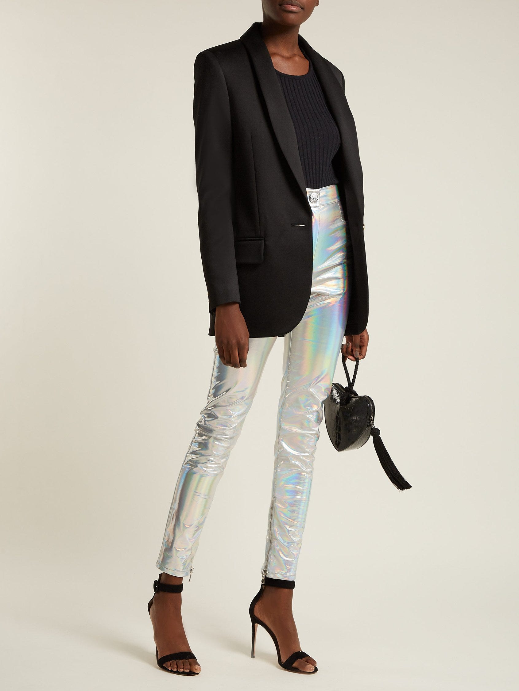 Balmain + High-rise skinny hologram trousers