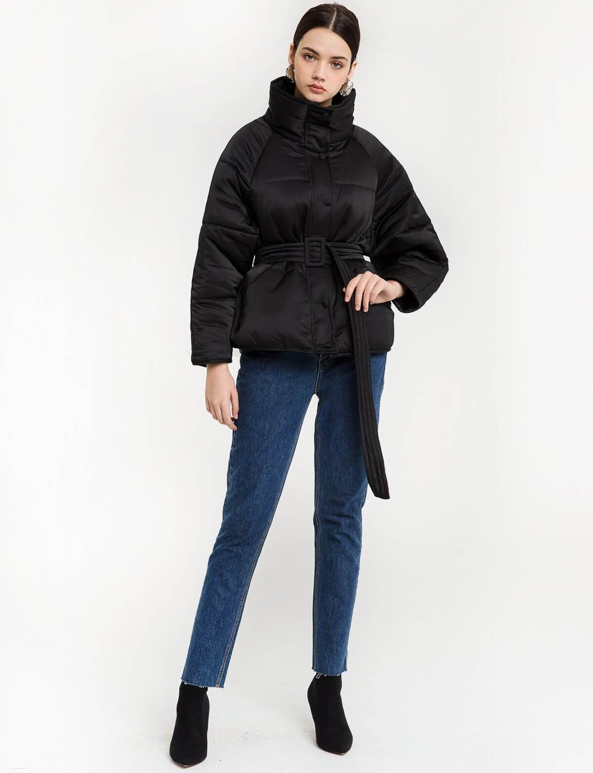 Pixie Market + Black Belted Puffer Jacket