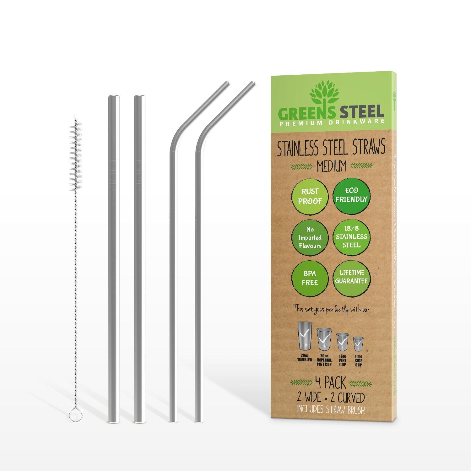 Greens Steel + Stainless Steel Straws (Medium)