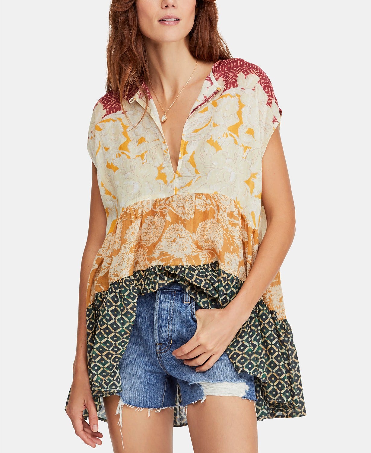 Free People + Gotta Have You Cotton Mixed-Print Keyhole Top