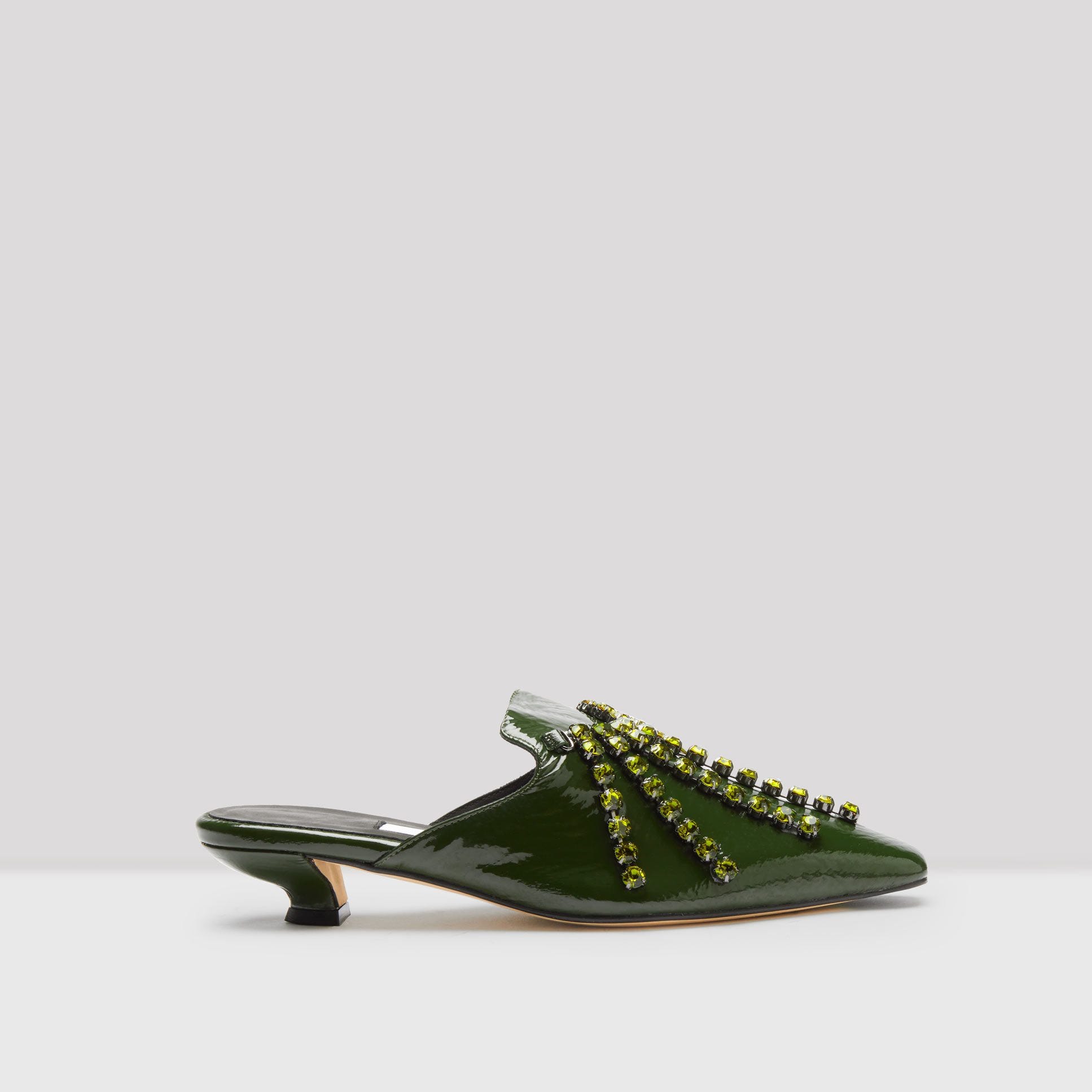 Miista + Green Glossed Leather Mules