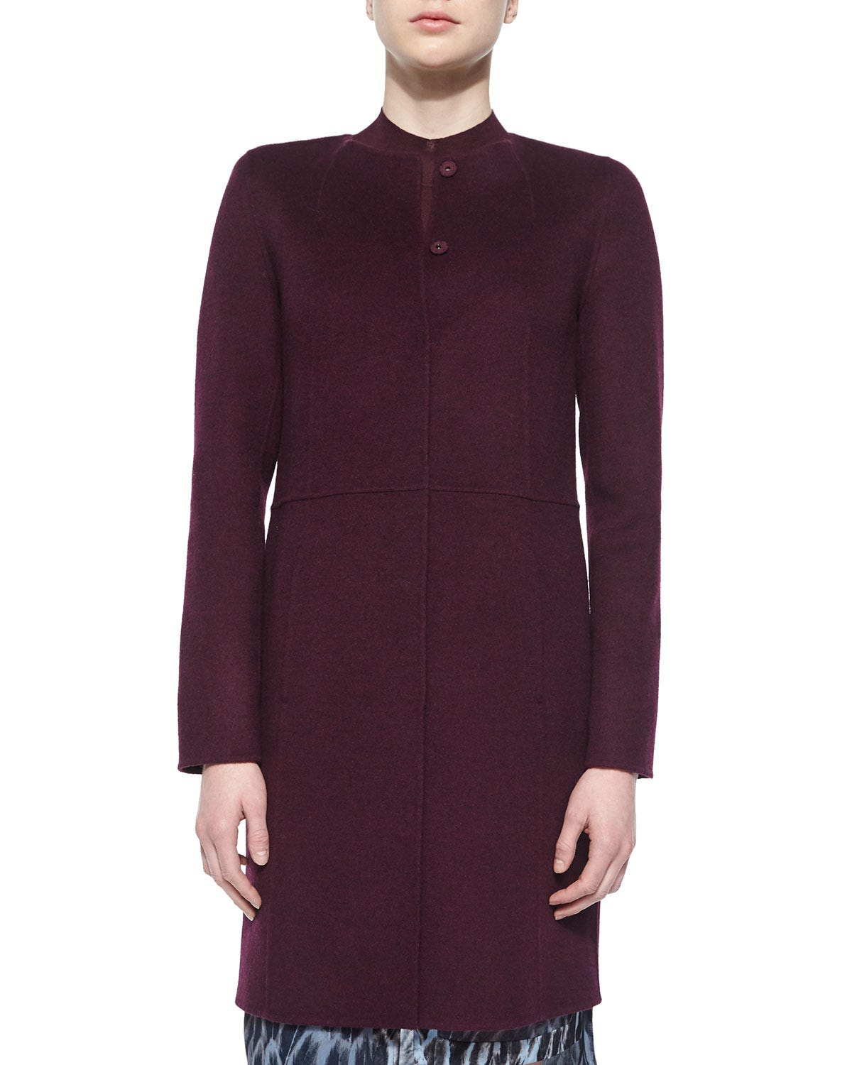 Halston Heritage + Collarless Wool Coat W/ Raised Seams